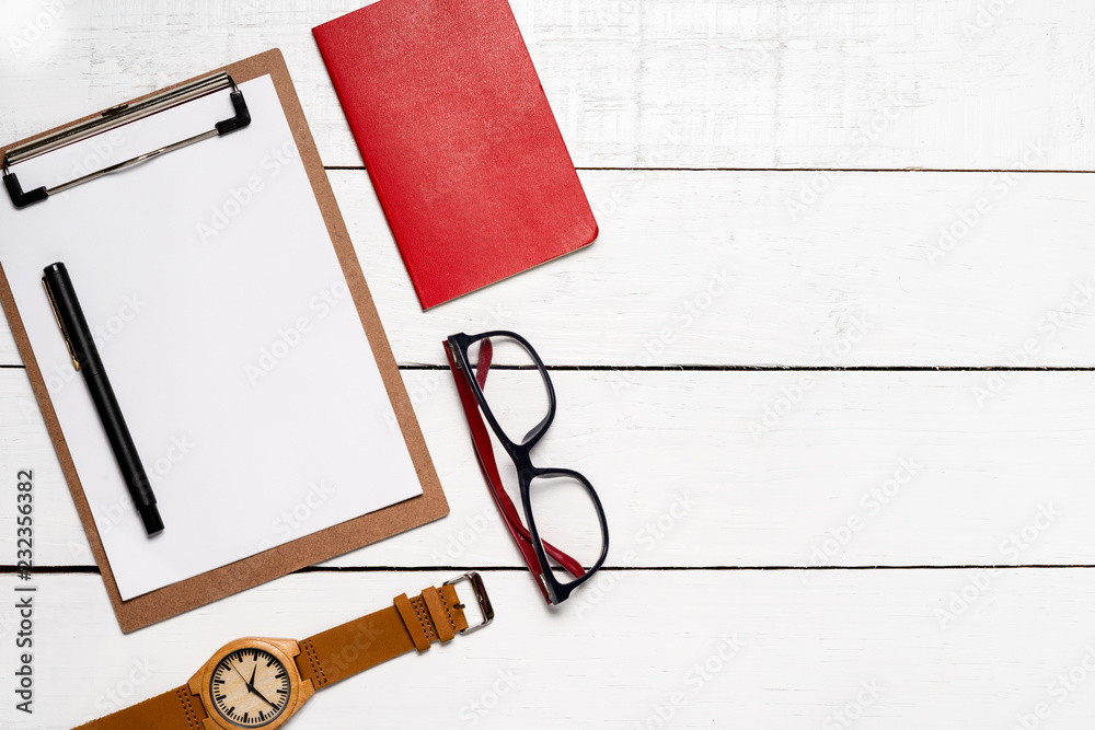 Top view of work objects on the rustic wooden background with copy ...