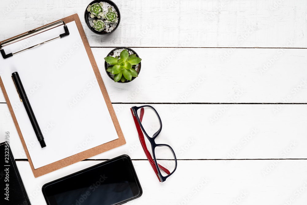 Top view of work objects on the rustic wooden background with copy ...