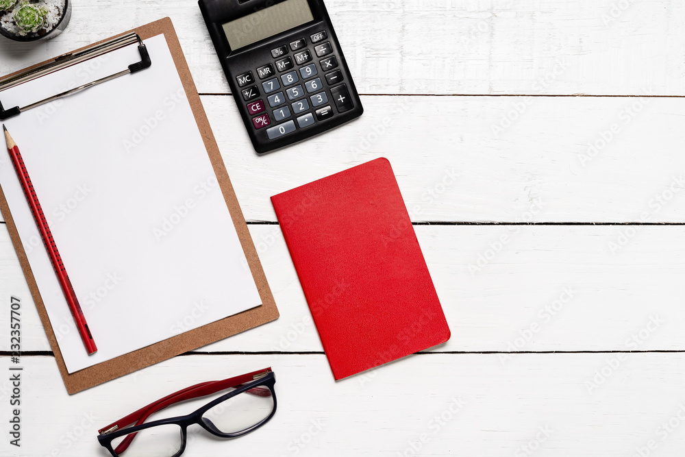 Top view of work objects on the rustic wooden background with copy ...