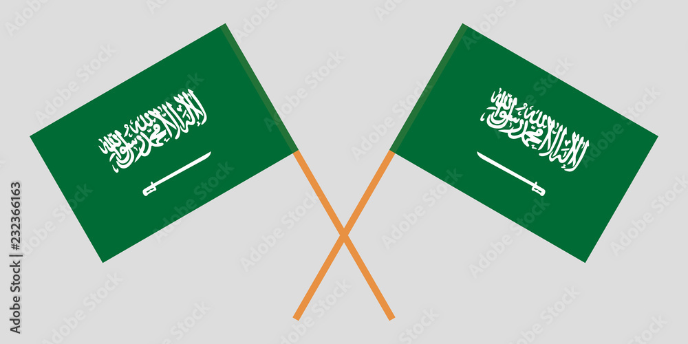 Two crossed flags of Saudi Arabia. Official colors. Correct proportion ...