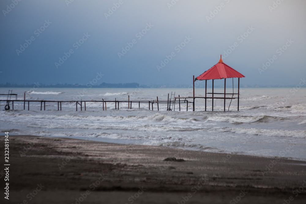 Gisoom Beach, Talesh, Iran. .Fishermen see footbridge or jetty at the ...