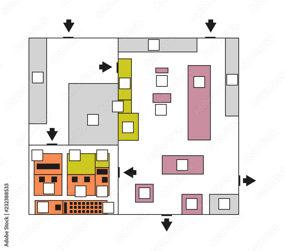 Vector editable plan of office, production hall or work place with ...