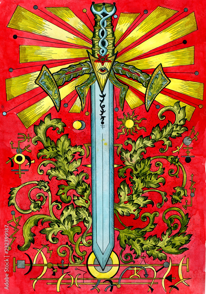 Magic sword with baroque patterns and mysterious symbols on red. Occult ...