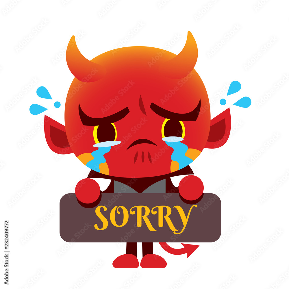 Vector cute devil character crying and holding SORRY sign isolated on ...