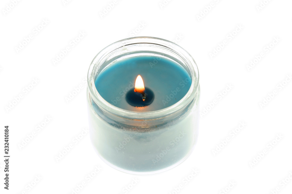candle flame fire of decorative blue candle on white background Stock ...