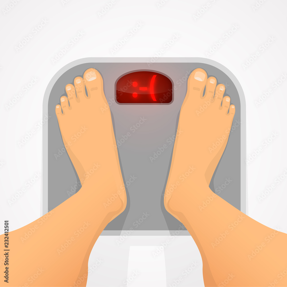 Bad weight. Person standing on the scales. Weight control and diet ...
