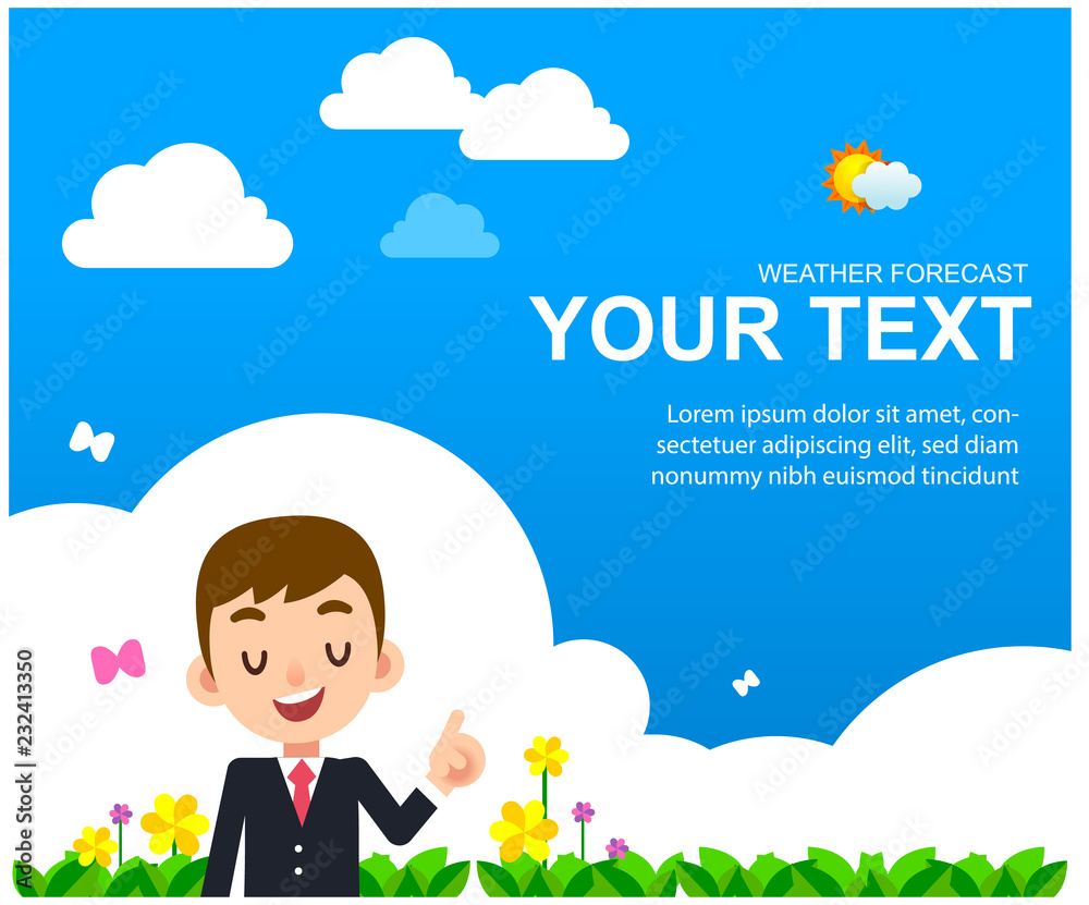 Vector male weather reporter character in snow cold winter background ...