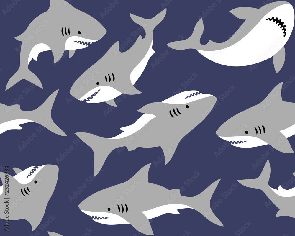 Hand drawn vector seamless pattern with cute sharks on dark blue ...