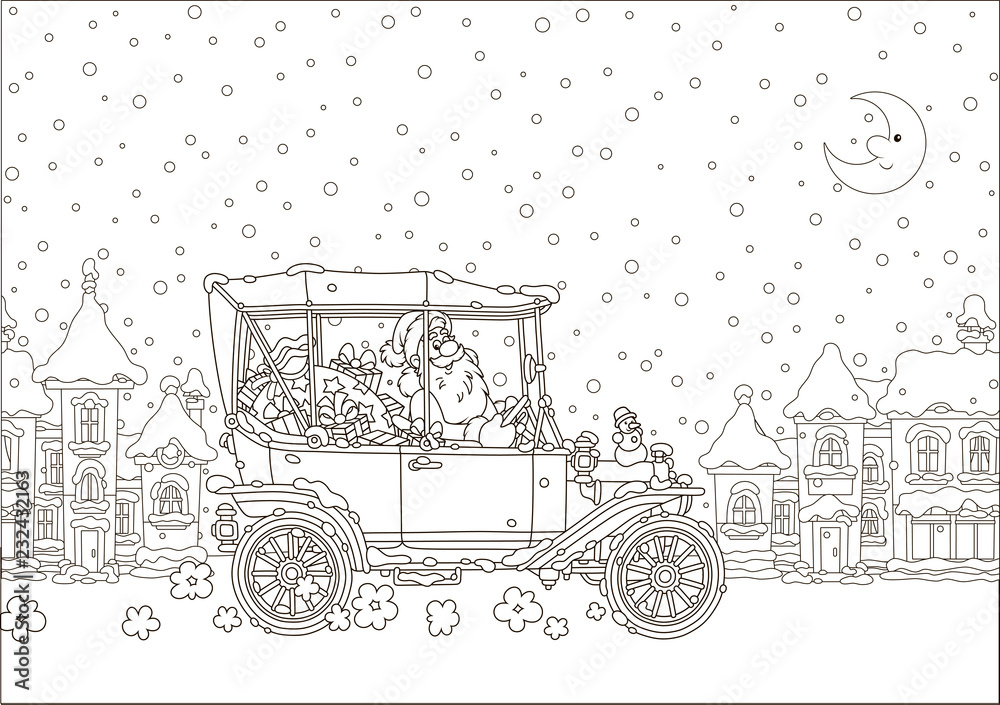 Vetor de Santa Claus driving his car with Christmas gifts along a snow ...