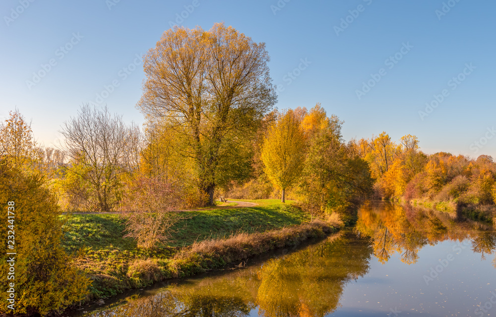 Color outdoor fall nature image of a rural autumnal river scene with ...