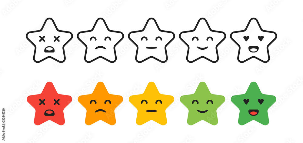Satisfaction Rating. Set of Feedback star Icons in form of emotions ...