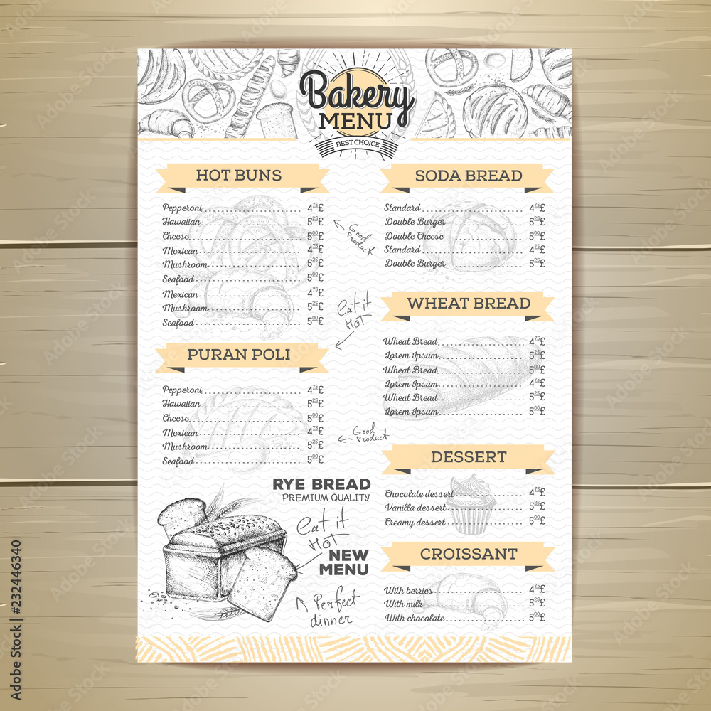 Vintage bakery menu design. Restaurant menu. Document template Stock ...