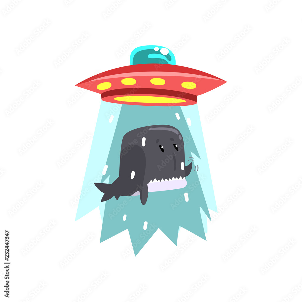 Alien UFO spaceship taking away whale, flying saucer taking sea animal ...