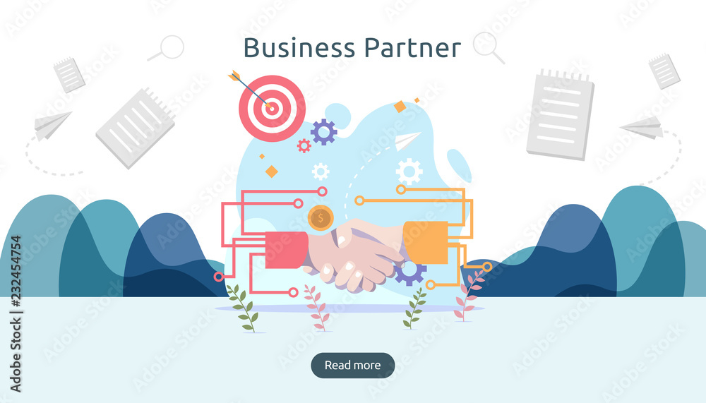 Business partnership relation concept with hand shake and tiny people ...