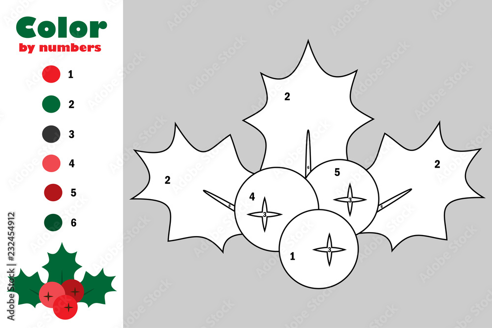 Vetor de Mistletoe berry holly cartoon style, color by number ...
