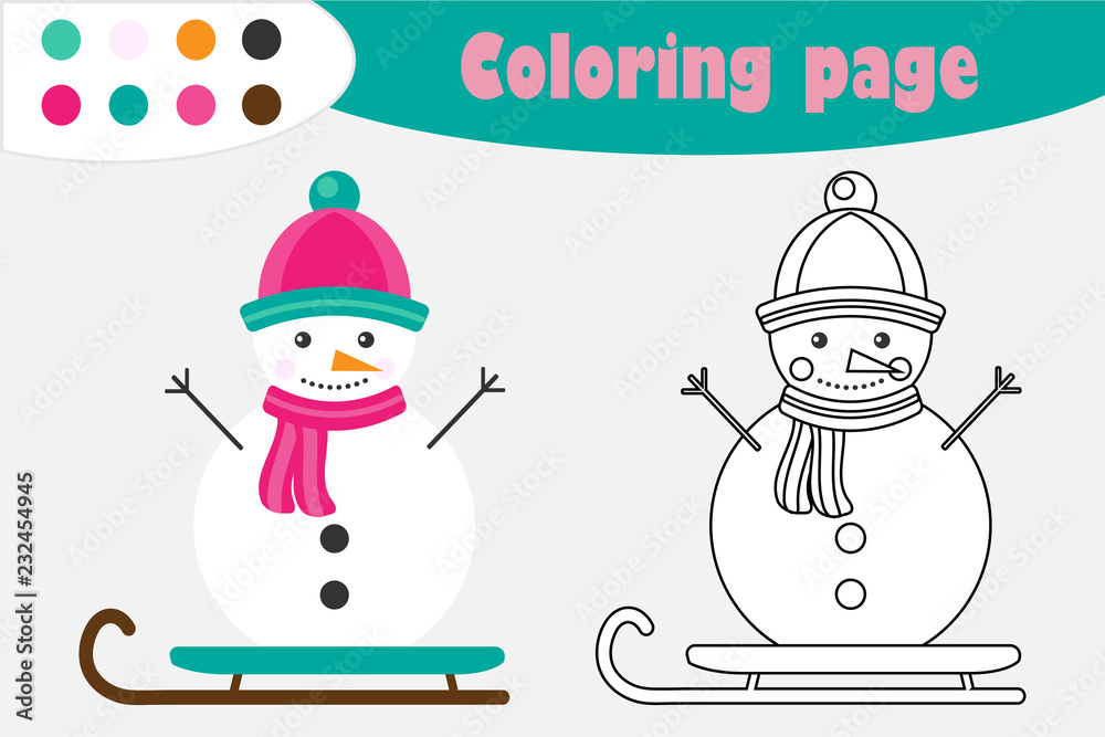 Snowman in cartoon style, christmas coloring page, education paper game ...
