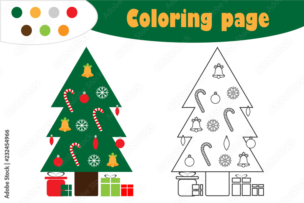 Xmas tree in cartoon style, christmas coloring page, education paper ...