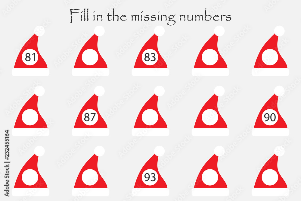 Game with christmas hats for children, fill in the missing numbers ...