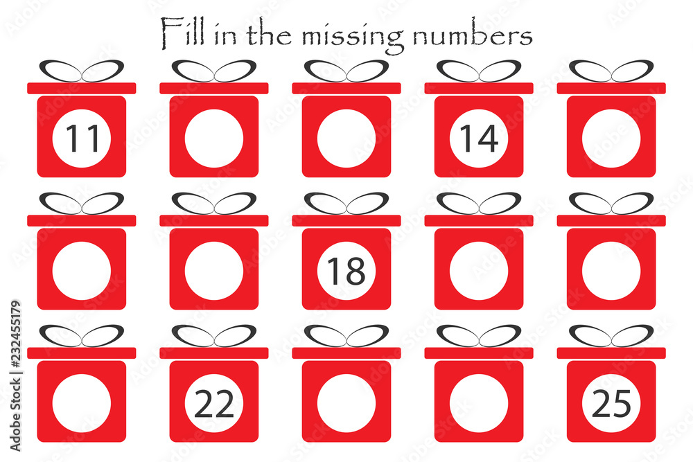 Game with christmas gifts for children, fill in the missing numbers ...