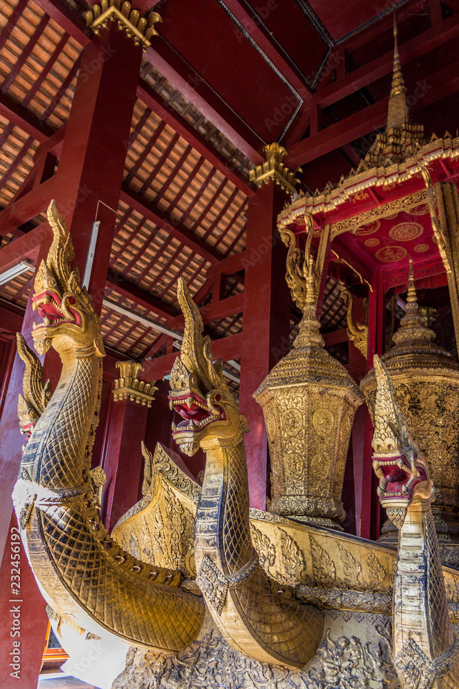 Naga on the ceremonial barge in the funeral hall of Wat Xieng Thong ...
