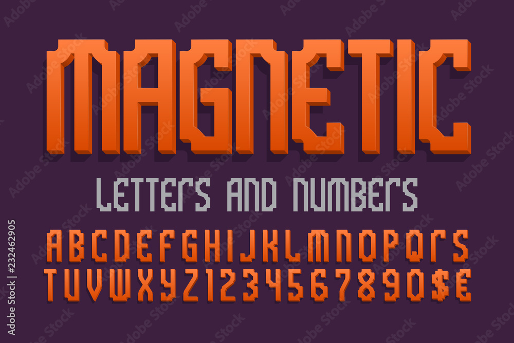 Magnetic letters and numbers with currency signs. Orange 3d font ...