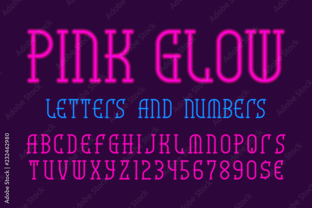 Pink glow letters and numbers with currency signs. Neon vibrant font ...