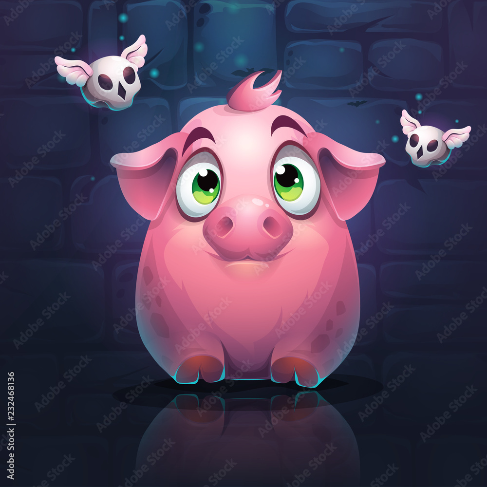 Vector cartoon big pig on a brick wall background with butterfly skull ...