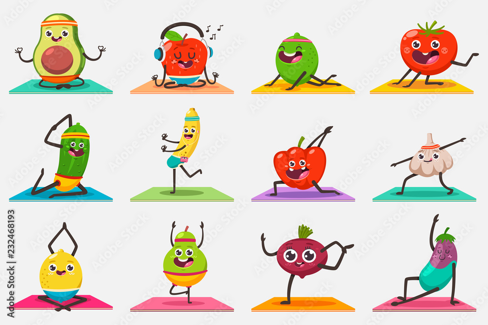 Cute fruit and vegetables doing yoga exercises and gymnastics poses ...