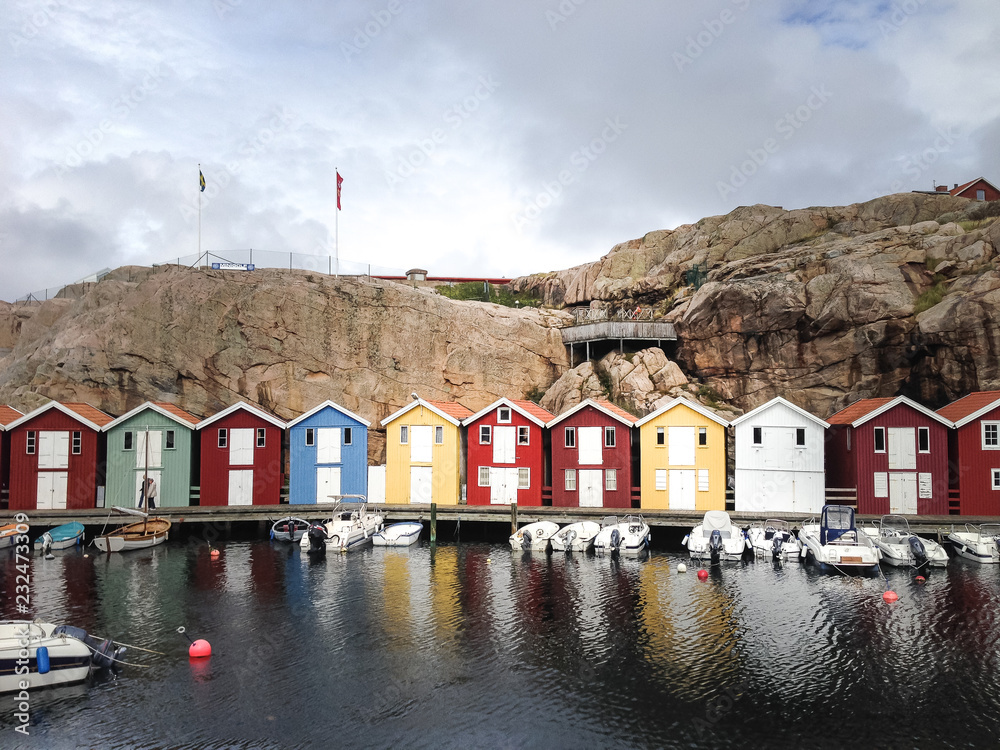 Smogen Sweden Colored Houses Fishing Huts Port Fisher Boats Stock Photo ...