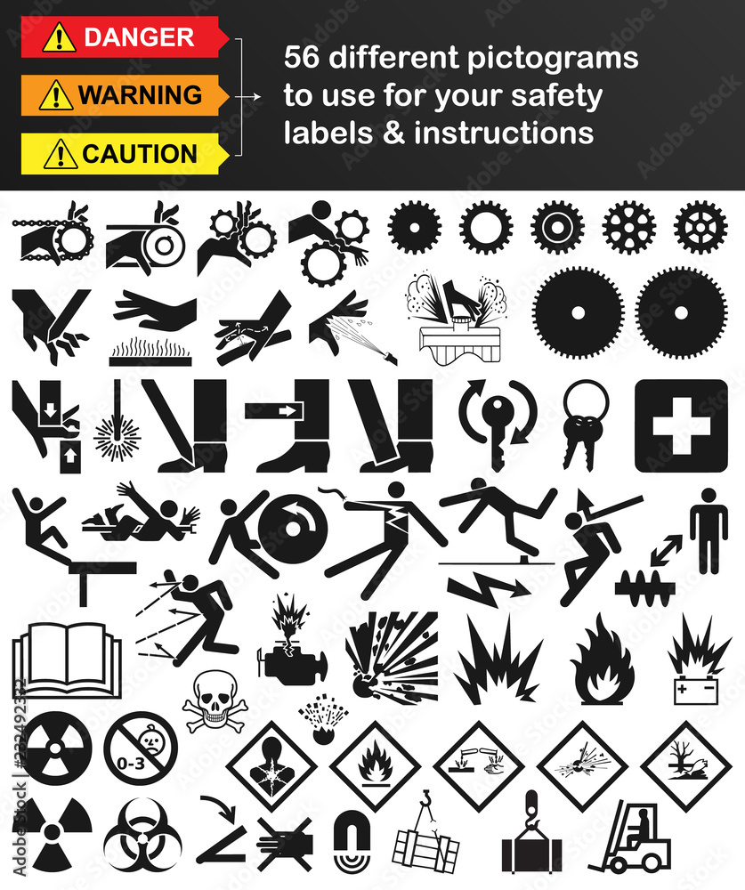 Vector icon set of different safety/danger/warning/caution pictograms ...