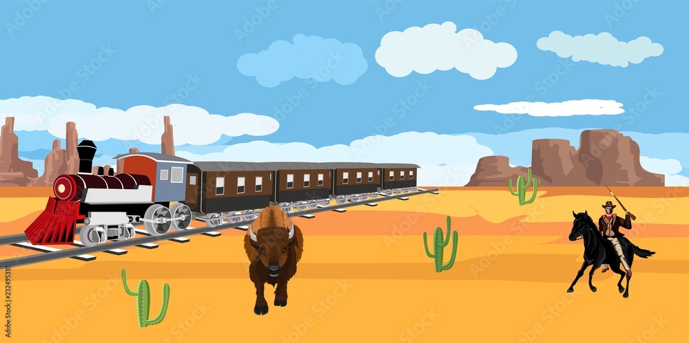 Wild west theme, cowboy, bison, old train, vector illustration Stock ...