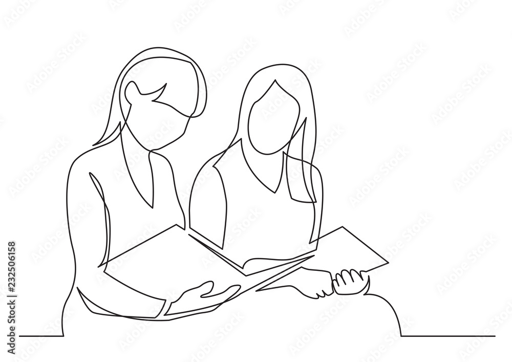 continuous line drawing of two young women reading book Stock Vector ...
