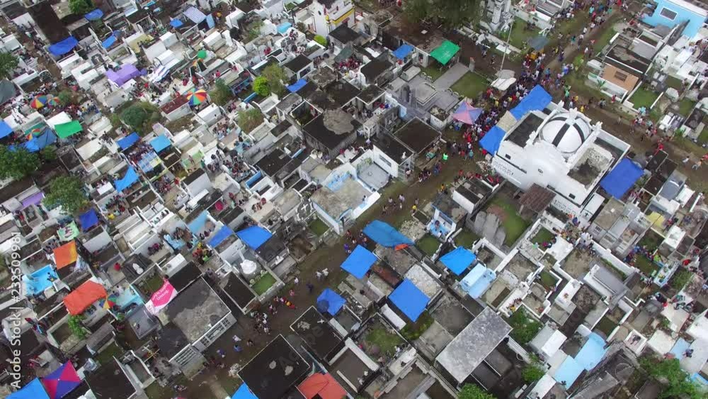All Saint's Day scene of Messy city public cemetery lie dead residents ...