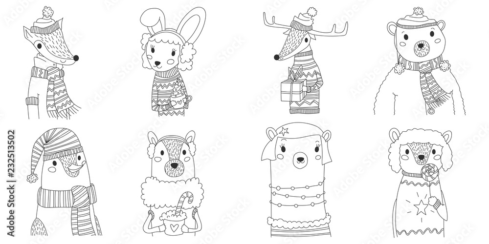 vector christmas animals silhouette collection illustration in line art ...