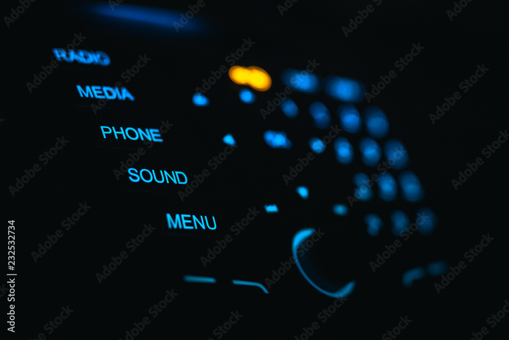 Display of audio system panel with media, phone, sound, radio and menu ...