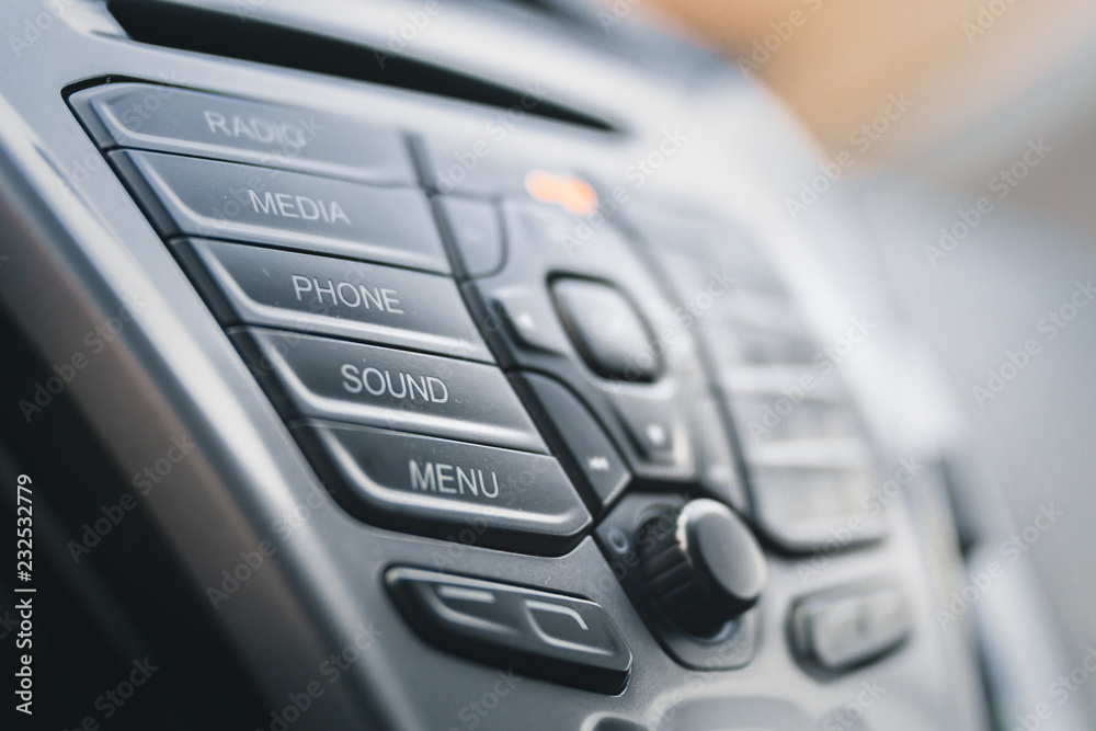 Display of audio system panel with media, phone, sound, radio and menu ...