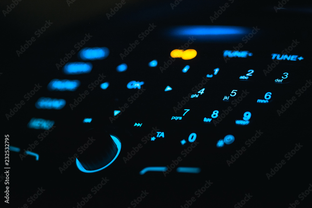 Display of audio system panel with media, phone, sound, radio and menu ...