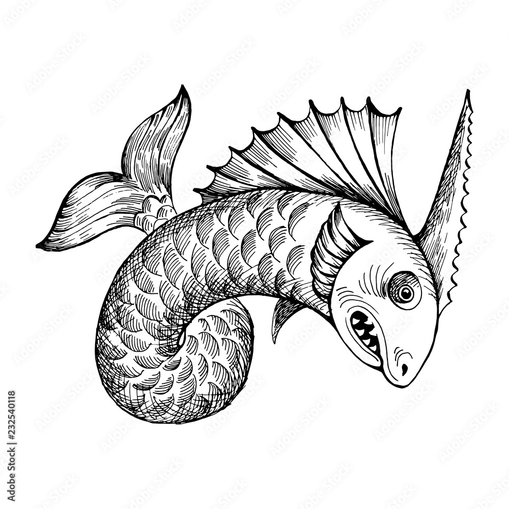 Mythological vintage sea monster. Fragment of old pirate map. Hand ...