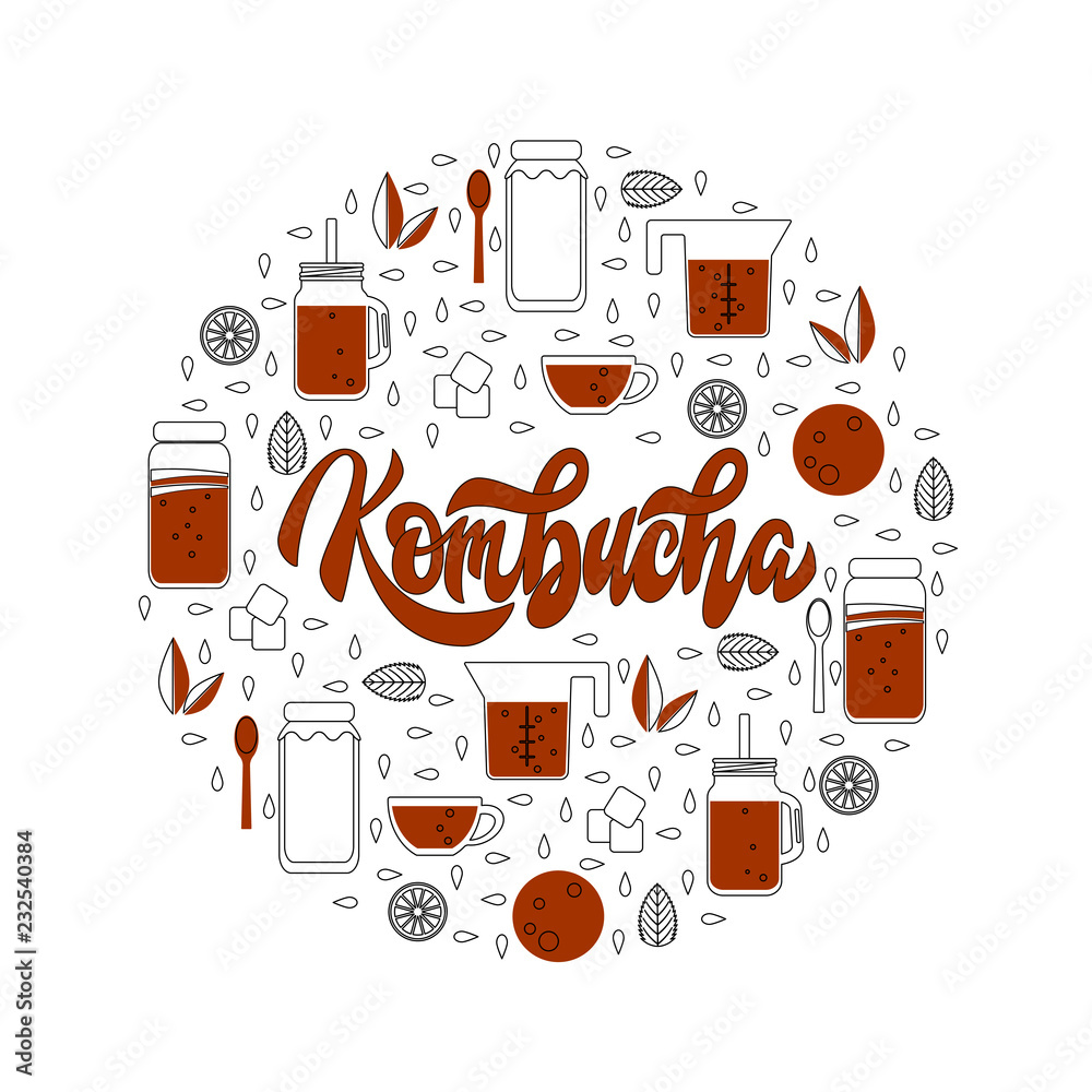 Kombucha hand written vector logo surrounded by pattern with mason jar ...
