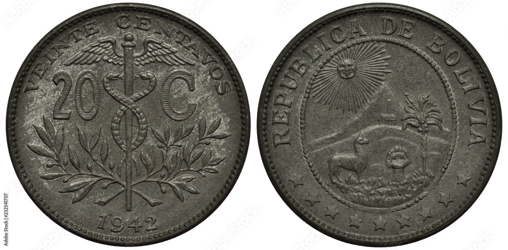 Bolivia Bolivian coin 20 twenty centavos 1942, caduceus divides ...