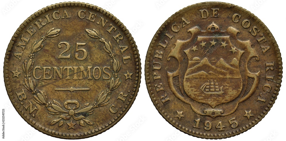 Costa Rica Costa Rican coin 25 twenty five centavos 1945, value within ...