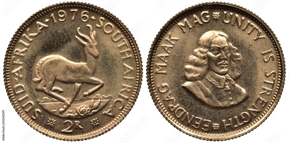 South Africa South African golden coin 2 two rand 1976, Springbok right ...