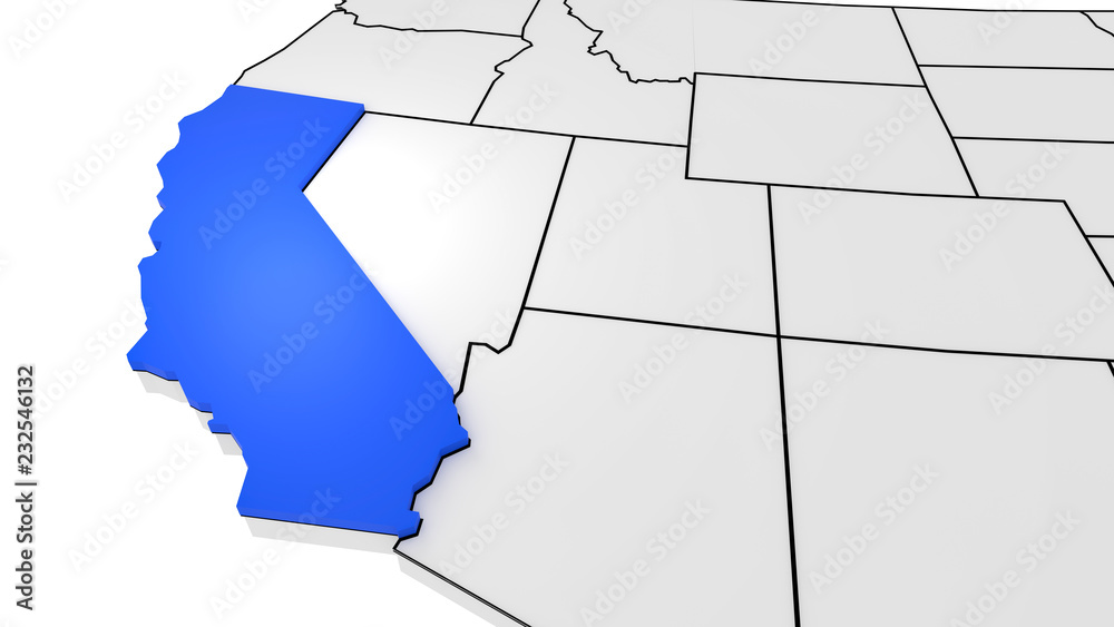 California state highlighted in blue on 3D map of the United States ...