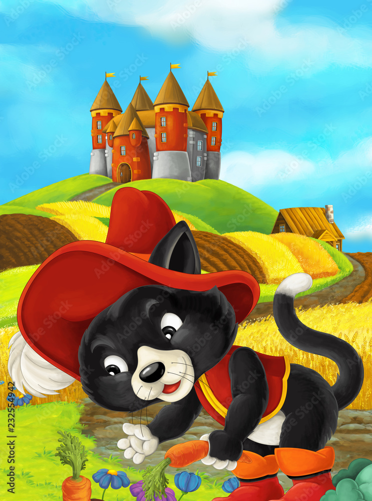 Cartoon scene of a cat traveling to a beautiful castle - illustration ...