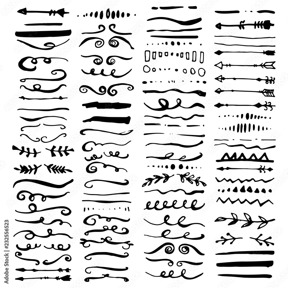 Vetor de Collection of hand drawn borders and swirls made with brush ...