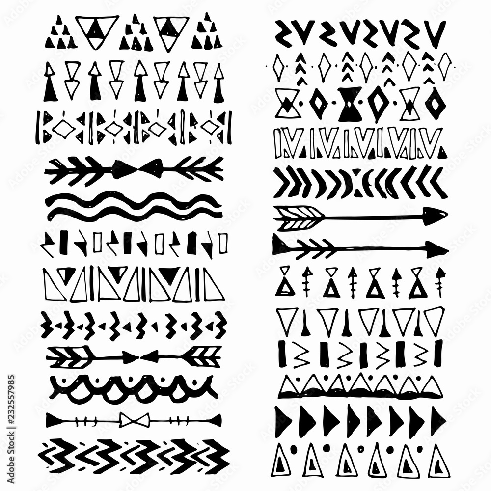 Collection of handdrawn borders in ethnic style. Aztec art dividers.Ink ...