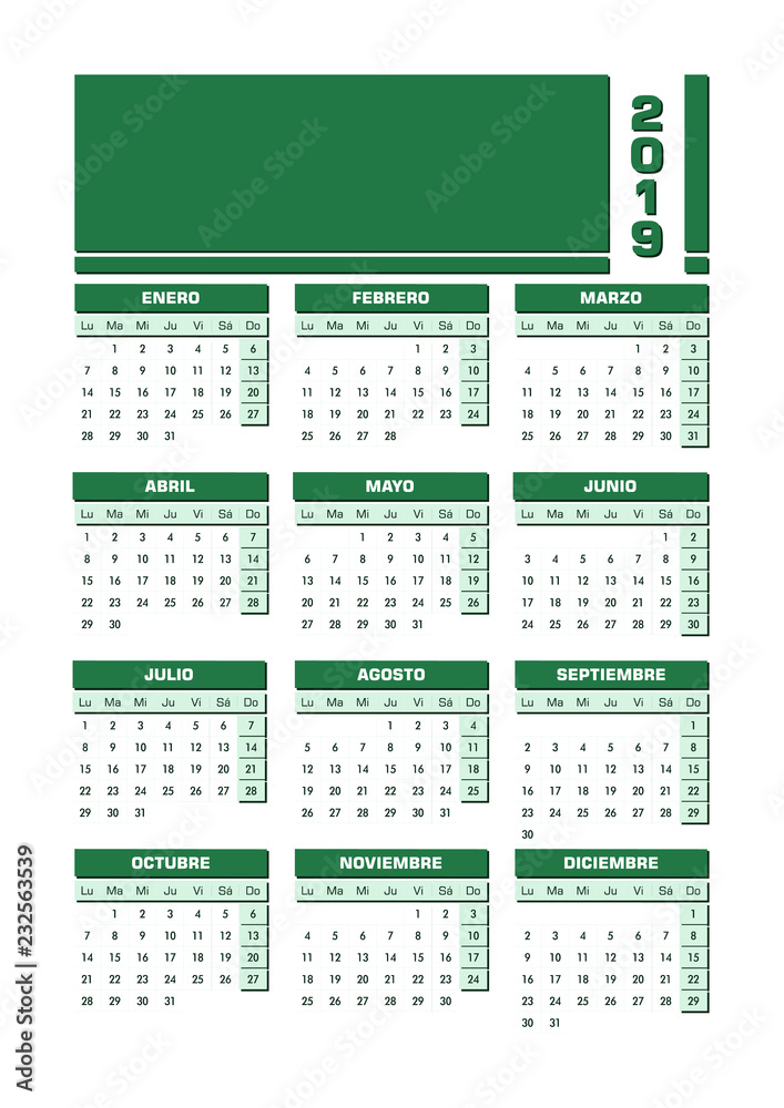 Calendario 2019 en español castellano con espacio para añadir imagen o ...