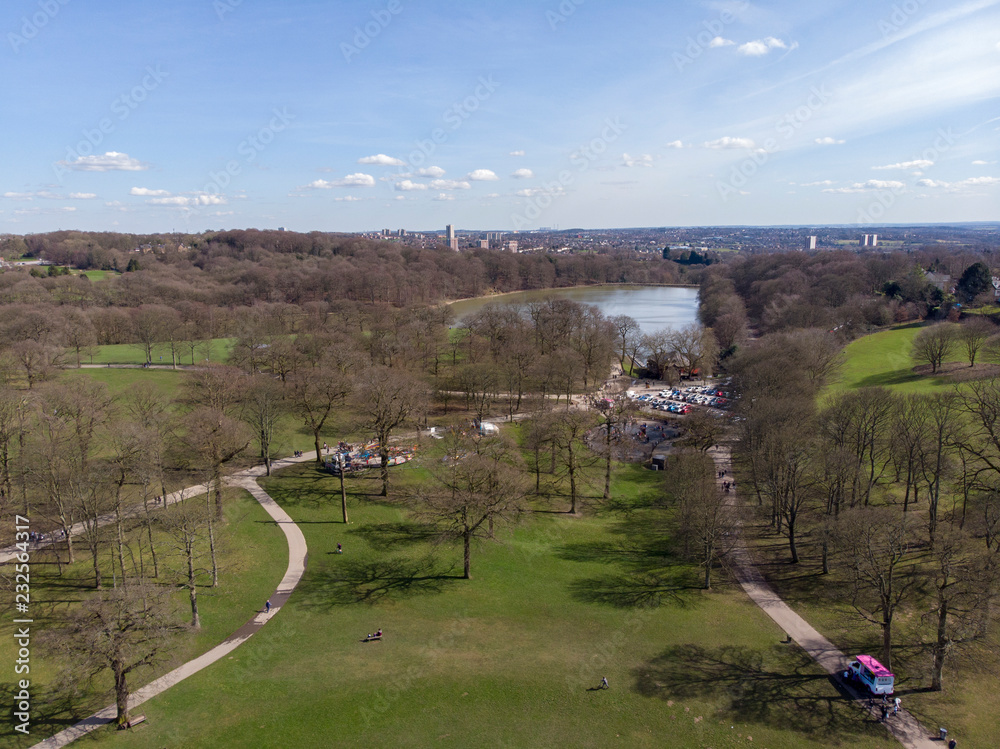Roundhay Park aerial photo showing the fields and lake with playing ...