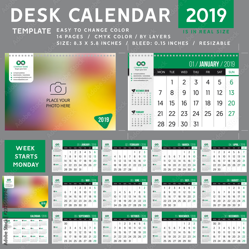 Desk calendar 2019. desktop calendar template. Week starts on Monday ...