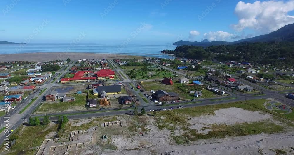 The video shows an aerial view of the city of Chaiten seven years after ...